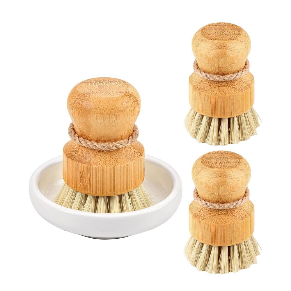 Natural Bamboo Sisal Bristle Kitchen Scrub Brush Set for Cast Iron Pan ...