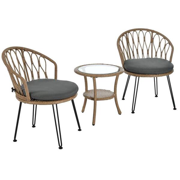 Runesay 3-Piece Wicker Patio Conversation Set with Gray Cushions F1803 ...