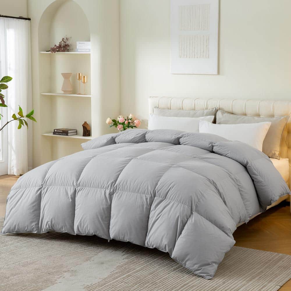 Wellos Gray All Season Feather Down Comforter Twin 100% Cotton Cover with Corner Tabs HD-WL ...