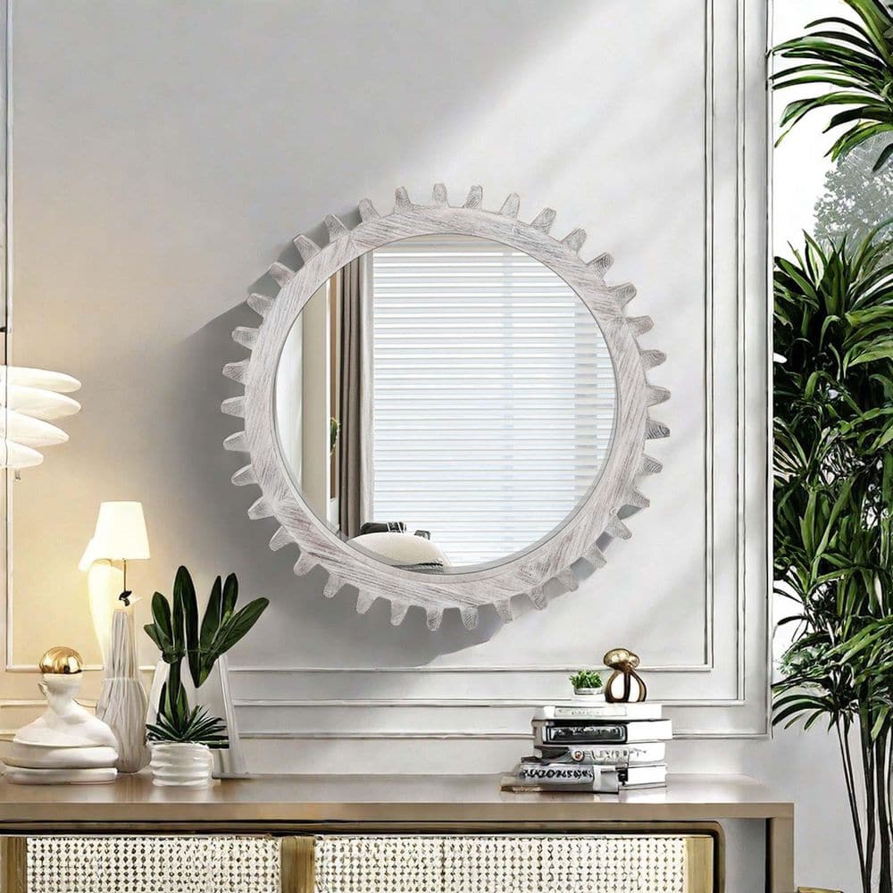 JUJABU 34 in W x 34 in. H White Washed Round Wood Framed Mirror Monen ...