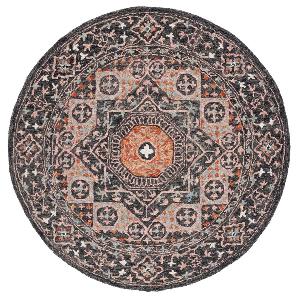 SAFAVIEH Aspen 5 ft. x 5 ft. Black/Rust Floral Medallion Round Area Rug ...
