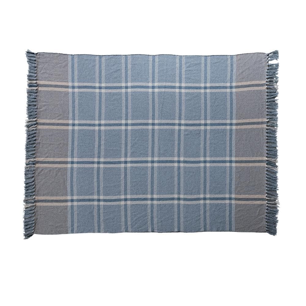Storied Home Blue Plaid Cotton Blend Throw Blanket with Fringe DF9327 ...