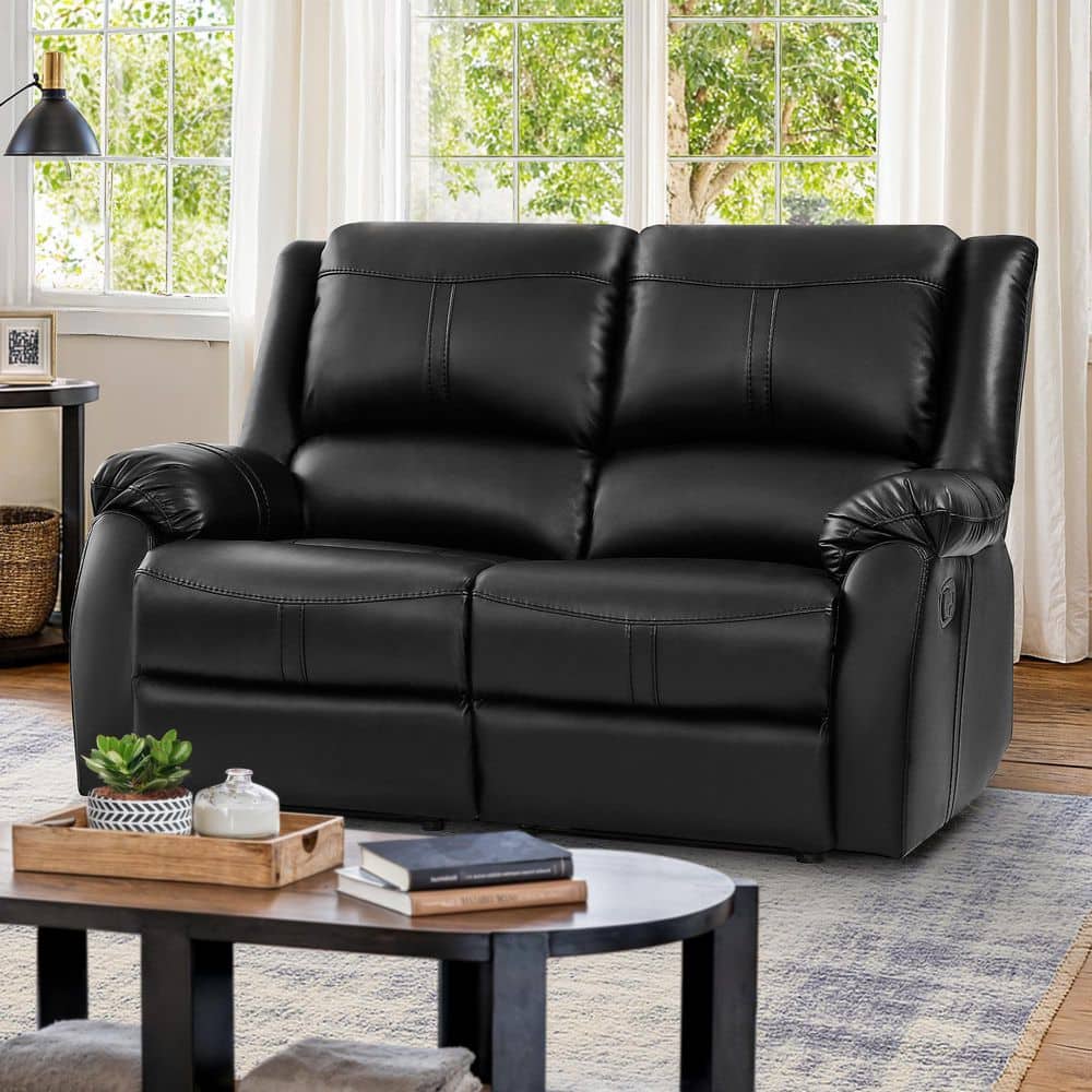 OrangeOne Jake 59 in. W Black Leather Upholstered 2-Seater Rectangle ...