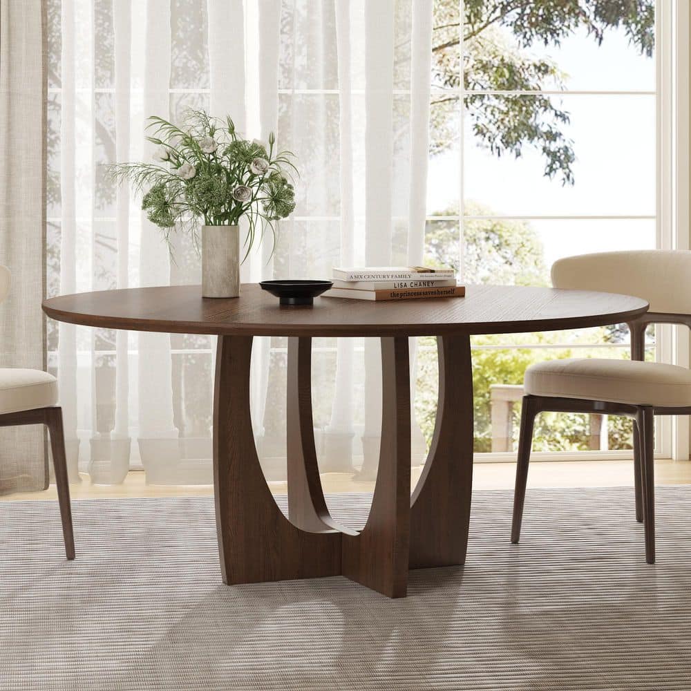 Lirago Arch Walnut Colored Wood 42" 4 Legs Cross Base Dining Table for ...