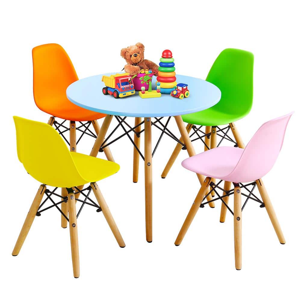 HONEY JOY 5-Piece Round Wood Top Kids Table and 4 Chairs Set Solid ...