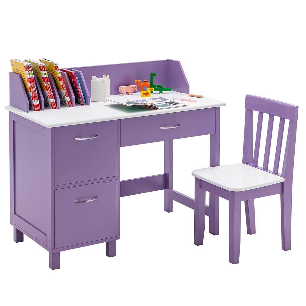 Costway 2-Piece Kids Wood Top Purple Study Desk and Chair Writing Table ...