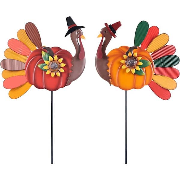 2-Pack Metal Turkey Yard Signs-Sunflower Garden Stakes for Thanksgiving ...