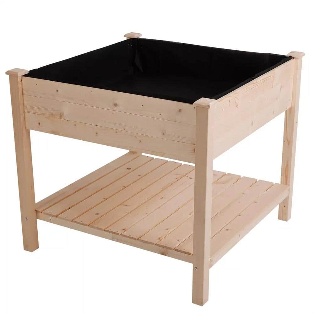 Zeus & Ruta 36 in. x 36 in. Natural Wood Raised Garden Bed w/ Storage ...