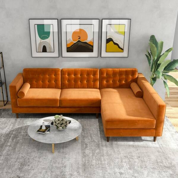 Ocean 102 in. W Square Arm 2 Piece L Shaped Velvet Right Facing Corner Sectional Sofa in Burnt Orange Seats 4