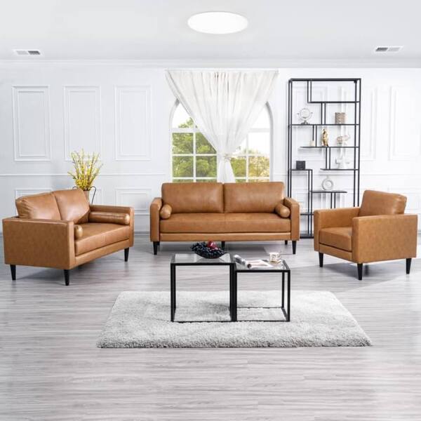 HOMESTOCK 74.5 in. Square Arm Leather Rectangle Sofa set with Sofa ...