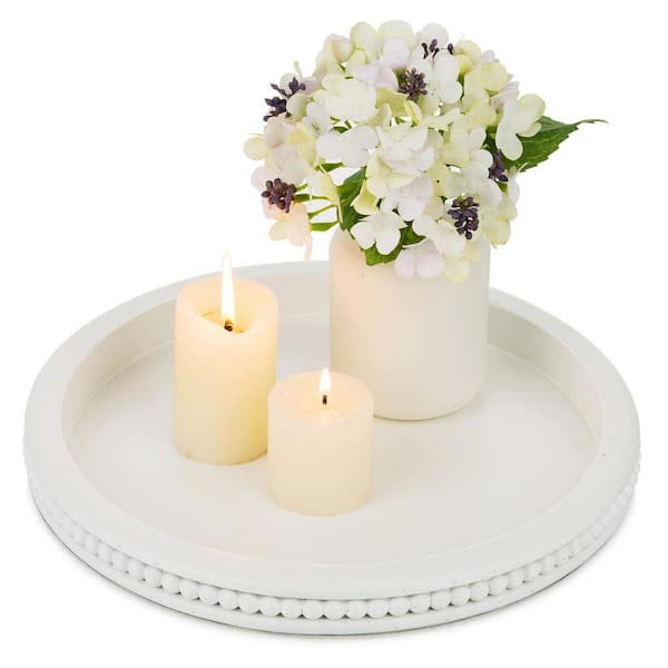 11.8 in White, Round, Decorative Serving Tray Wood, Washed Bead Tray ...