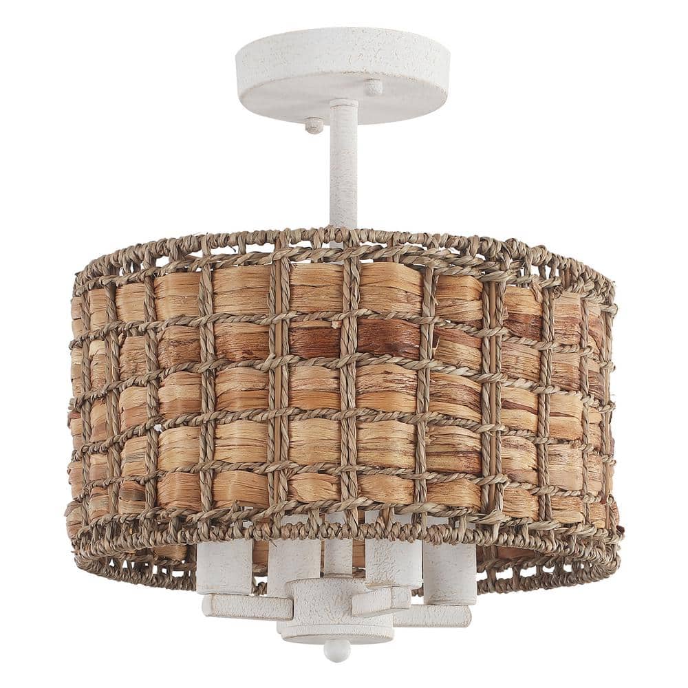 ADSENSTY 11.81 in. 4-Light Distressed White Drum Natural Rattan ...