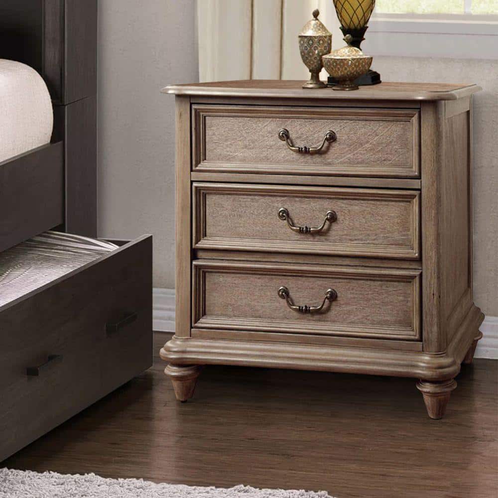 Benjara Beige 3-Drawer Wooden Nightstand with Grain Details 18 in. L x ...