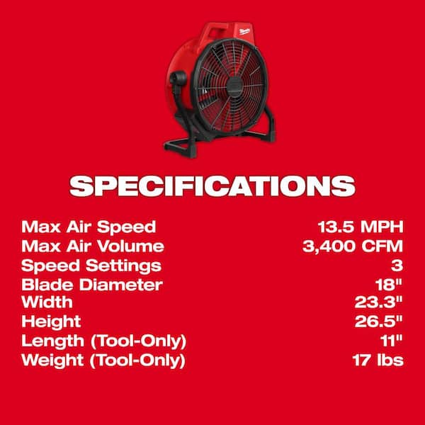 Milwaukee M18 Brushless Cordless Hybrid 18 in. Variable Speed Fan (Tool ...