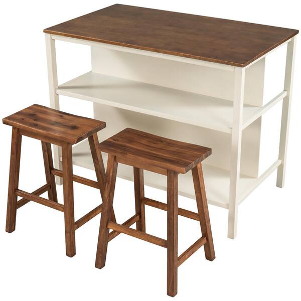 White Wood 45 in. Kitchen Island, Solid Wood Rustic 3-piece 45 ...
