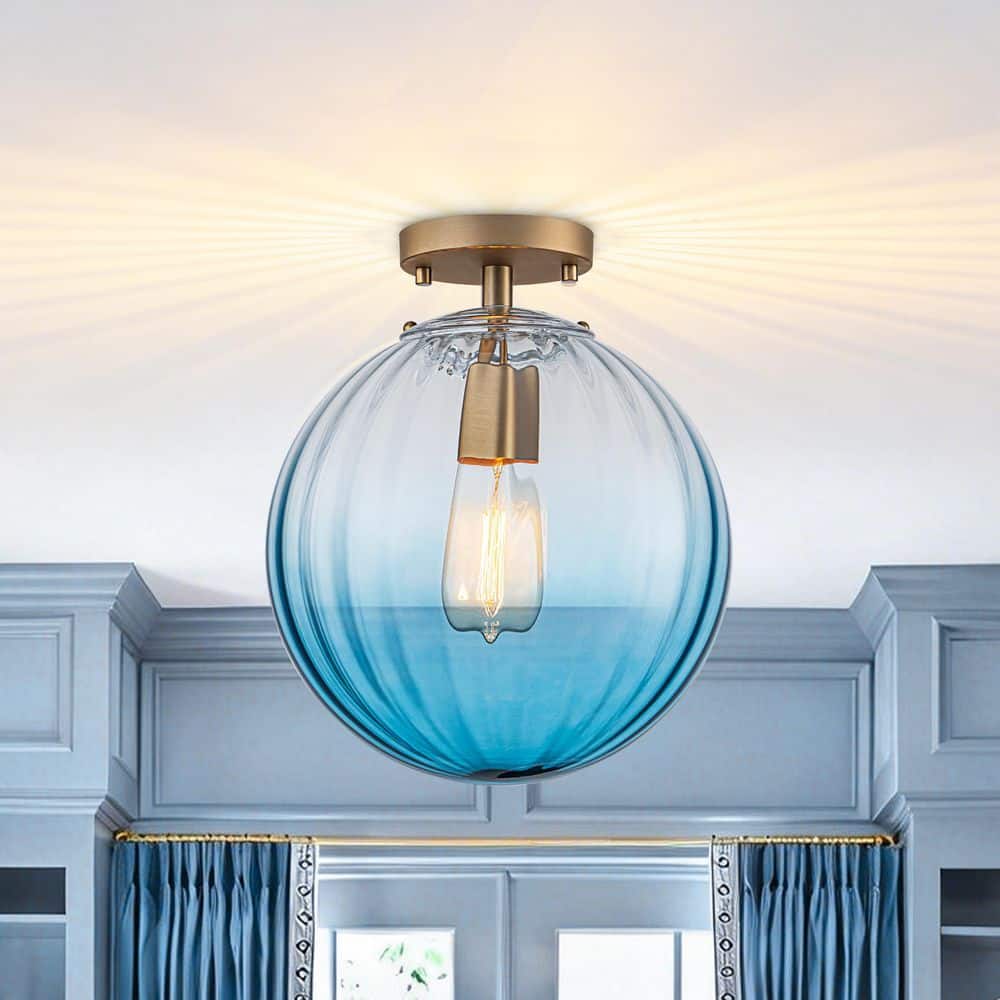HUOKU Court 1-Light 11 in. Matte Brass Semi-Flush Mount Globe Ceiling ...