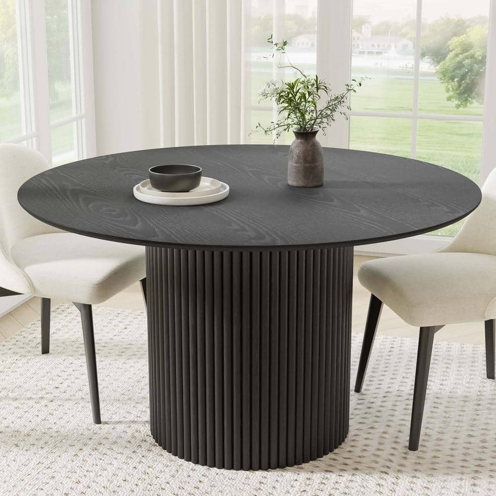 Dovelina 52 in. Black Oak Wood Column Pedestal Round Kitchen Table ...