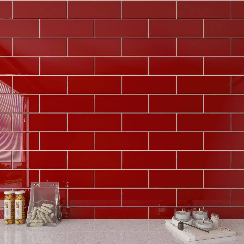 Giorbello Ruby Red 4 in. x 12 in. x 8mm Glass Subway Tile (5 sq. ft ...