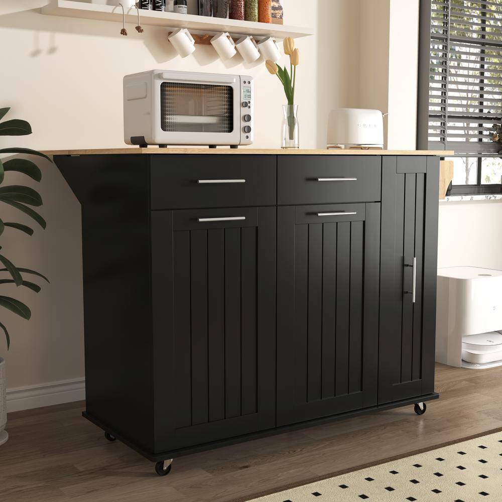 grossag Black Wood 46 in. Kitchen Island with Drop Leaf and 3 Tier Pull ...