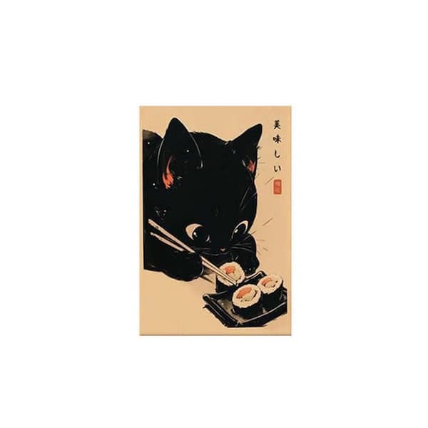 Vintage Cute Black Cat Eating Sushi Posters Hungry Animal Eating Canvas ...