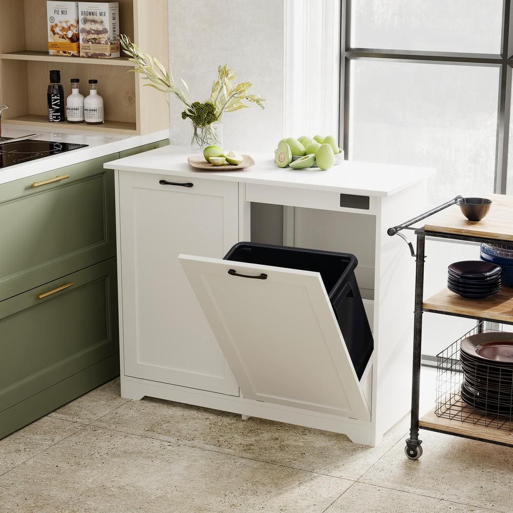 Clihome White Particle Board 37 in. Sideboard 13 Gallon Kitchen Trash ...