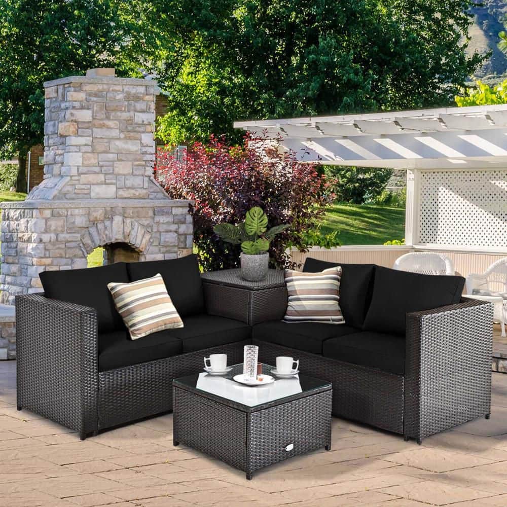 Costway 4-Piece Wicker Patio Conversation Set with Storage Table and ...