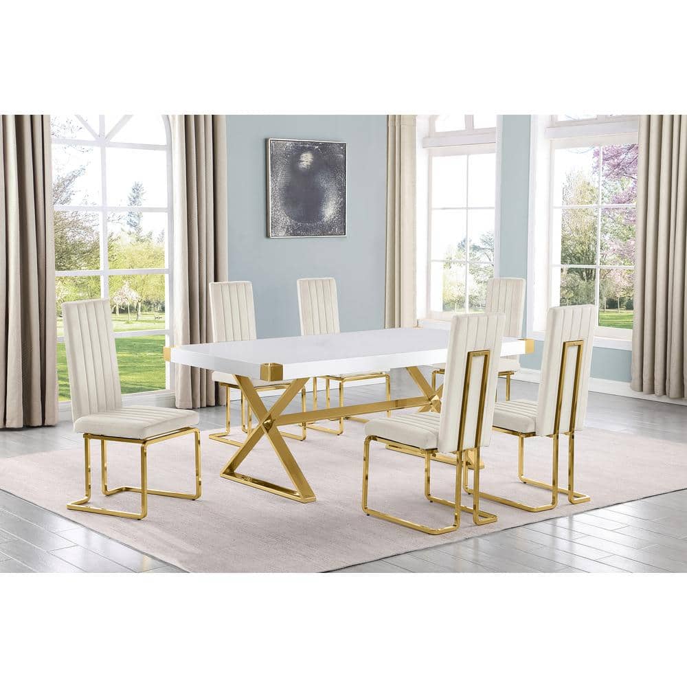 Best Quality Furniture Miguel 7-Piece Rectangle White Wood Top Gold ...