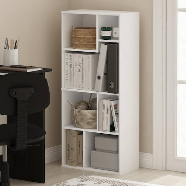 Furinno Daly 42.13 in. Tall White Wood 7-Shelf Irregular Cubes Bookcase ...