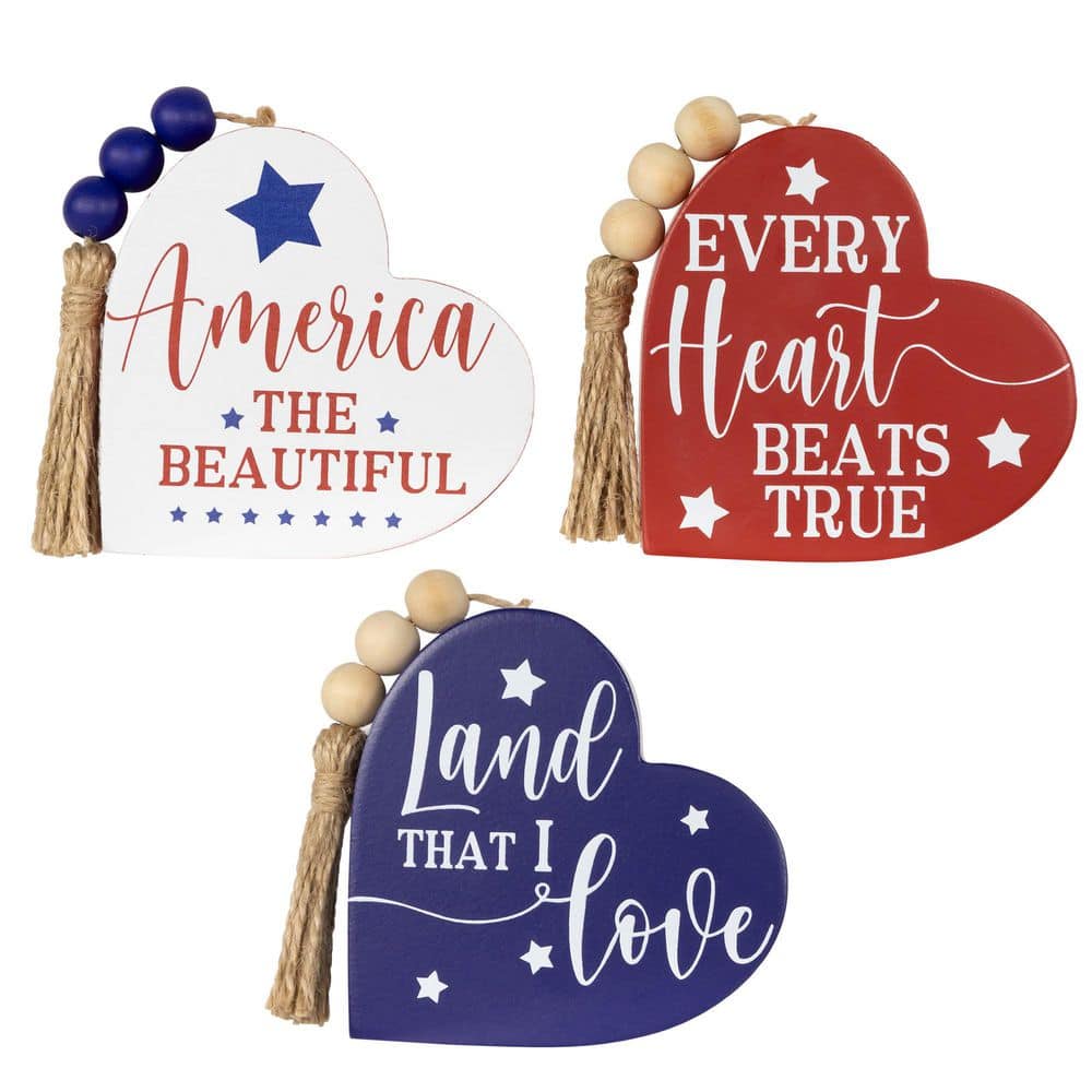 Northlight Patriotic Hearts with Beaded Tassels Wooden Signs-3.75 in ...