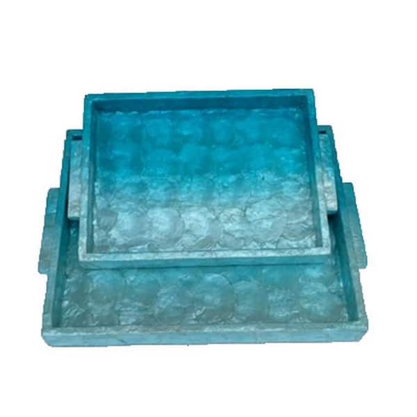 Benjara Ombre Blue Rectangular Capiz Details Decorative Tray (Set of 2 ...