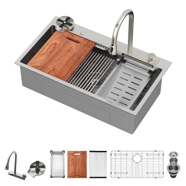 LORDEAR 33 in. Drop-In Single Bowl 16-Gague Stainless Steel Waterfall ...