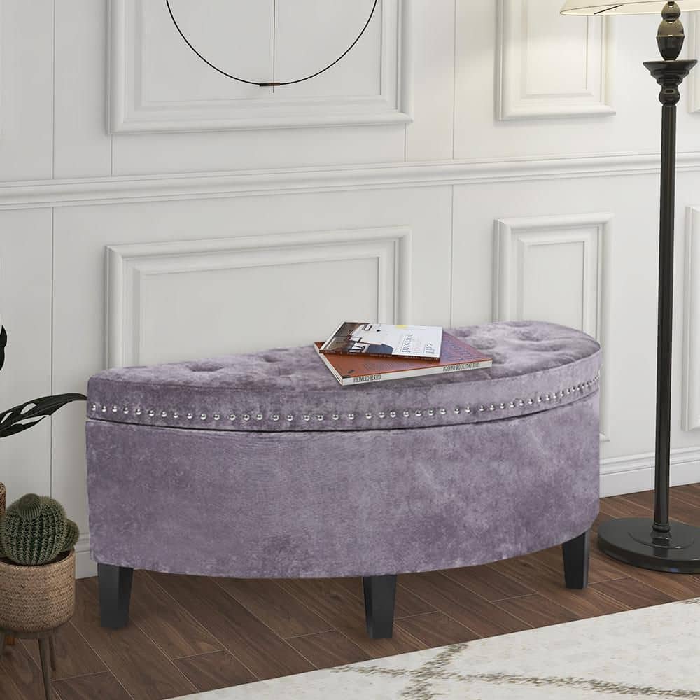 43.5 in. Flip Top Half Moon Lavender Light Purple Velvet Upholstered ...