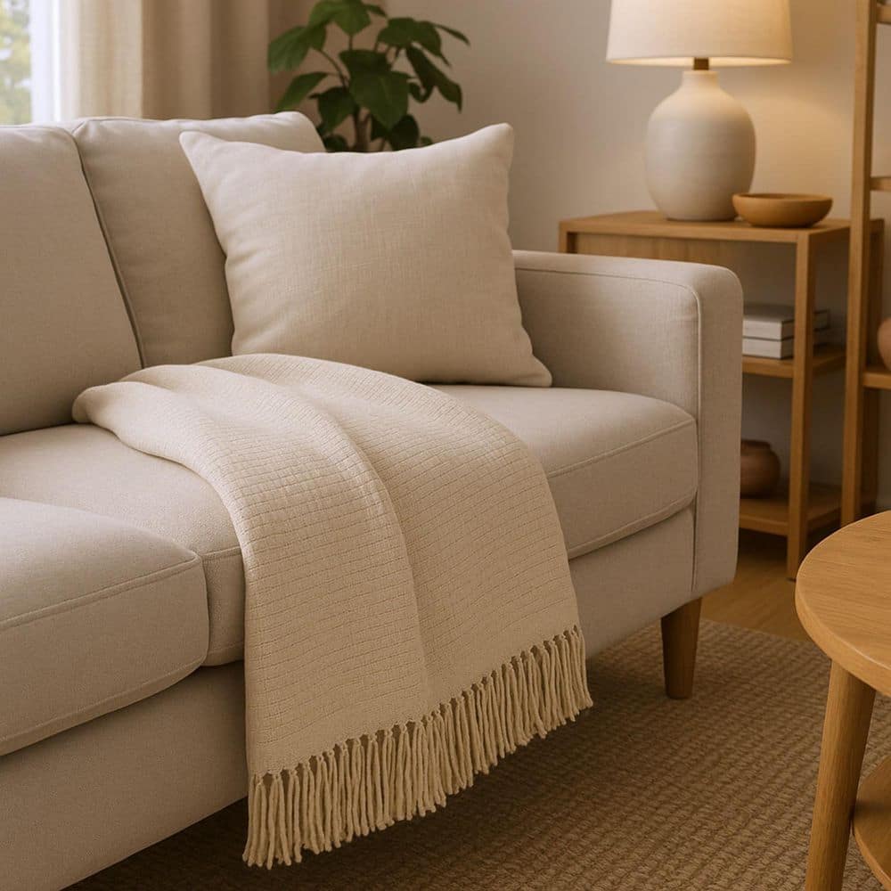 HomeRoots Cream Solid Color Cotton Blend Throw Blanket 2000632908 - The ...