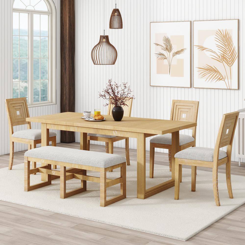 Harper & Bright Designs Modern 6-Piece Natural and Beige Rectangle Wood Top Dining Set 18 in ...