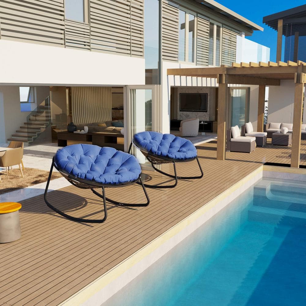 Cesicia Metal Round Outdoor Rocking Chair Dark Gray Frame with Navy ...