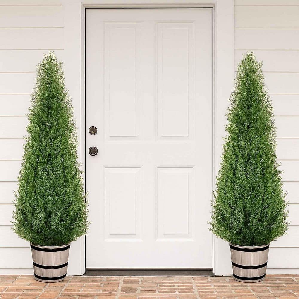 VIVATREES 4 ft. Artificial Cedar Topiary Trees in White Barrel Planter ...