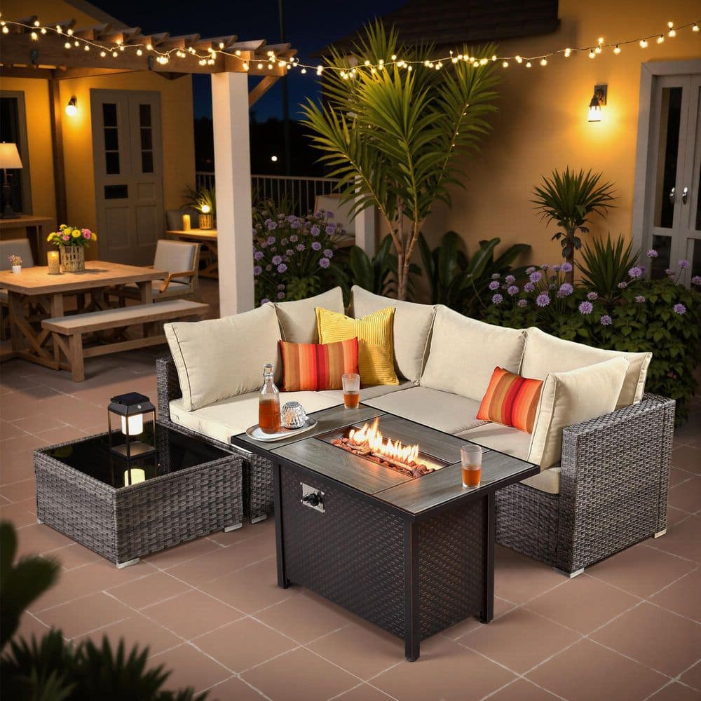 Caodoc Elora Gray 6‑Piece Wicker Outdoor Sectional Set with Fire Pit ...