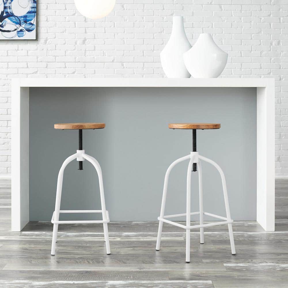 StyleWell White Adjustable Backless Counter Stool with Wood Swivel Seat ...