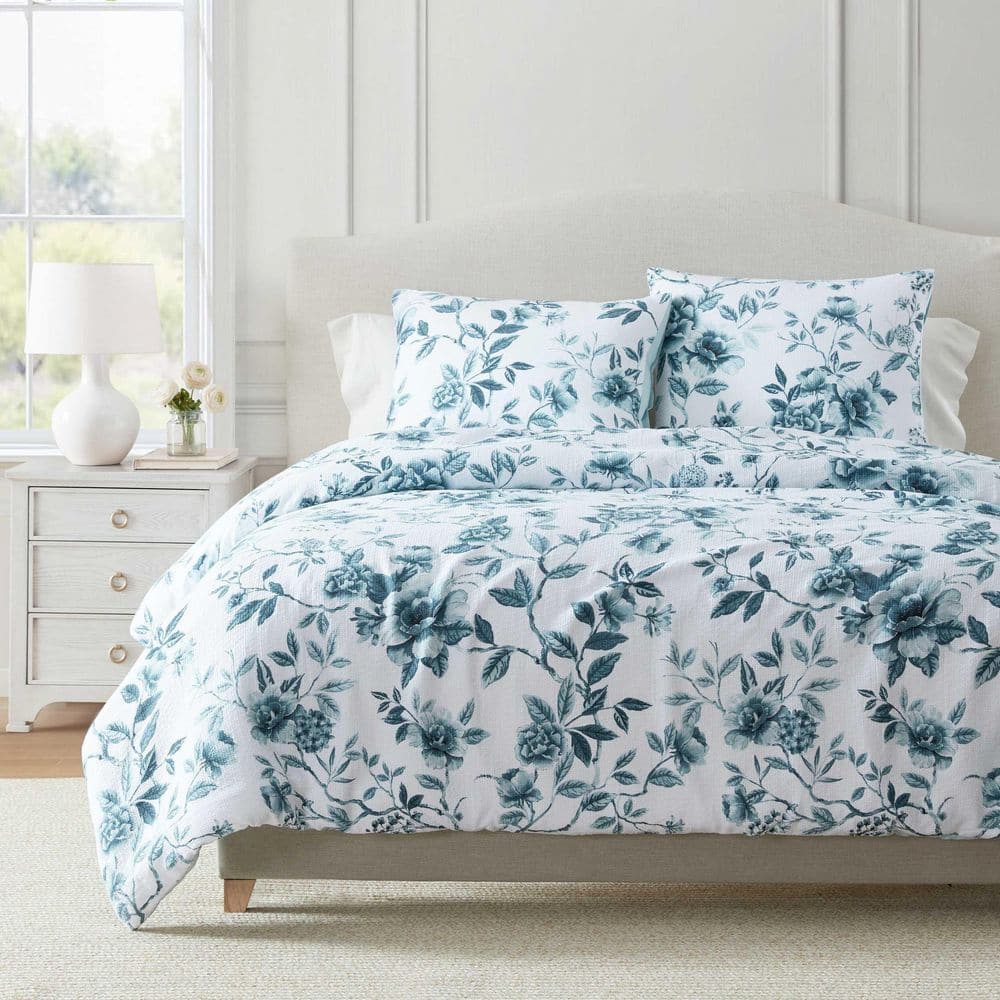 MARTHA STEWART Vivian Floral 3-Piece Storm Cloud Blue Cotton Jacquard ...