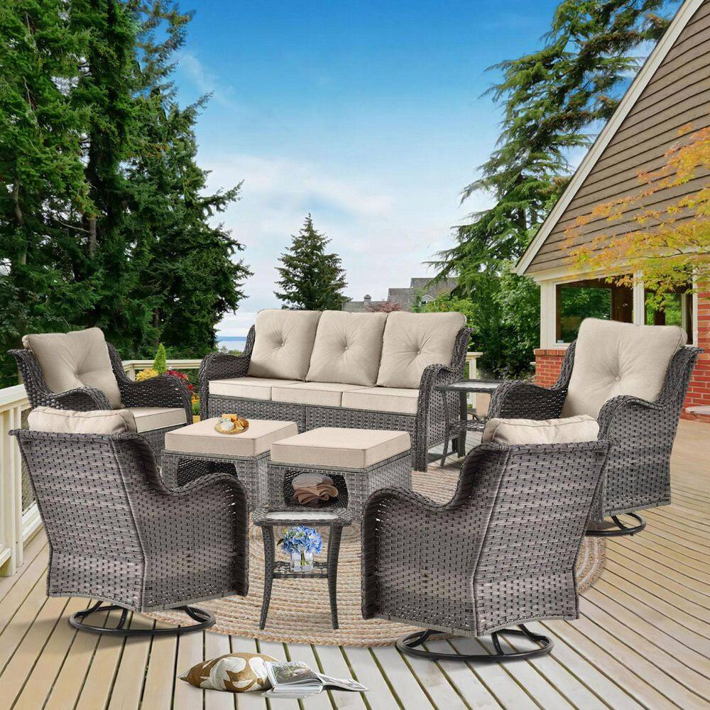 Xingzjojor Gray 9-Piece Wicker Outdoor Patio Conversation Seating Sofa Set with Beige Cushions ...