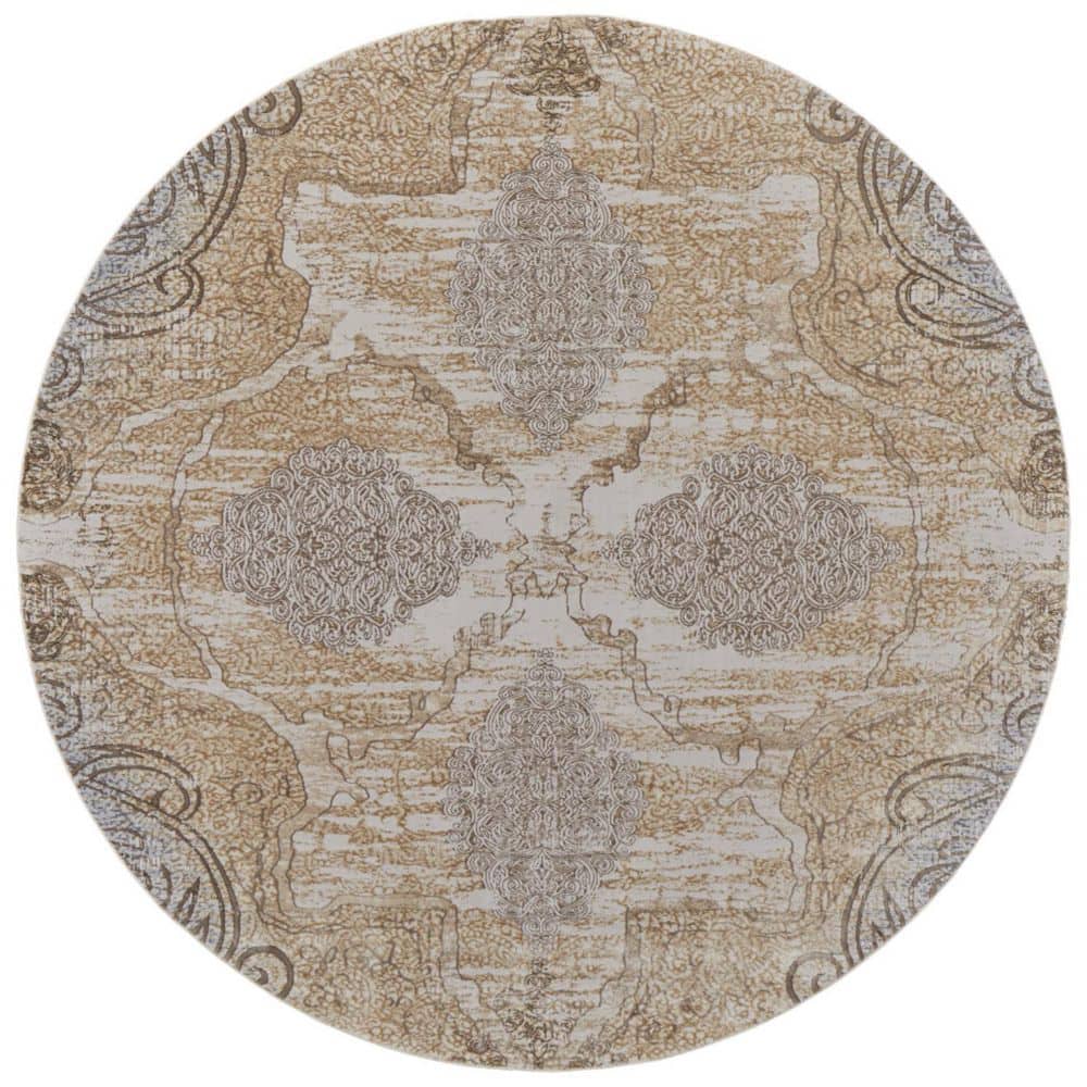 HomeRoots 8 ft. Round Gray and Brown Medallion Area Rug 2000513151 ...