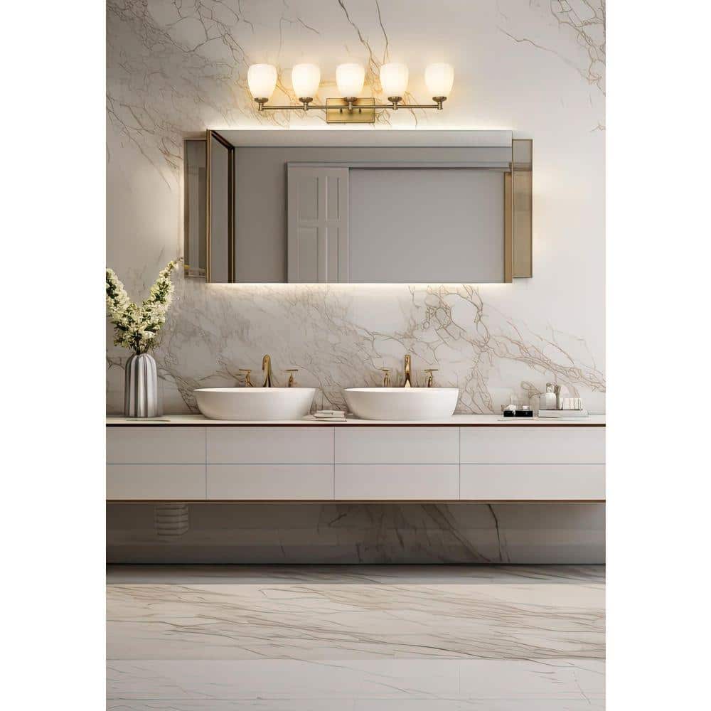 Oren 38 in. 5-Light Modern Gold Vanity Light with Matte Opal Glass ...