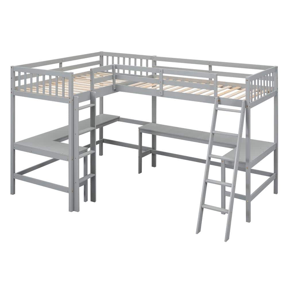 Nestfair Gray Twin Size L-Shaped Loft Bed with Ladder and 2 Desks ...