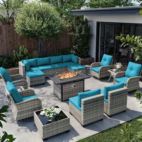 muphyers 16-Piece Wicker Patio Conversation Set with 55,000-BTU Fire ...