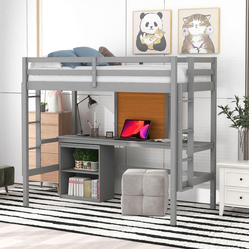 Polibi Gray Twin Size Wood Loft Bed with Desk and Writing Board, 2 Drawers Cabinet RD14-19347AAE ...