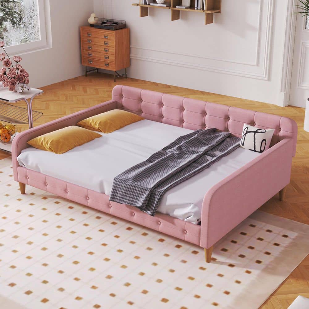 Nestfair Pink Upholstered Full Size Daybed with 4 Support Legs ...