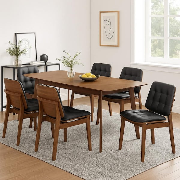 Benjara Bera 7-Piece Rectangle Natural Walnut Brown and Black Wood Top ...