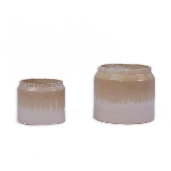White Brown, Set of 2 Gradient Ceramic Flowerpot, Modern Planter for ...