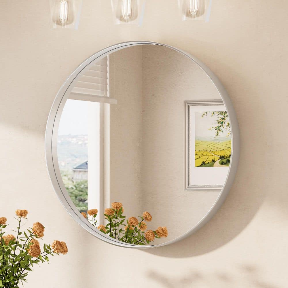 KeonJinn 24 in. W x 24 in. H Round Mirror Framed Brush Nickel Mirrors ...