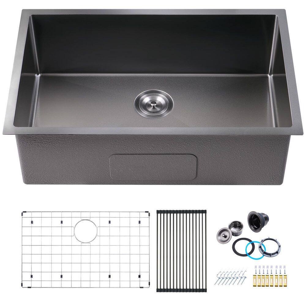 WISBEAM 30 in. Drop-In/Undermount Single Bowl 16 Gauge Gunmetal Black ...
